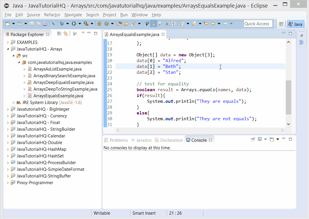 Java Arrays Equals Method Example
